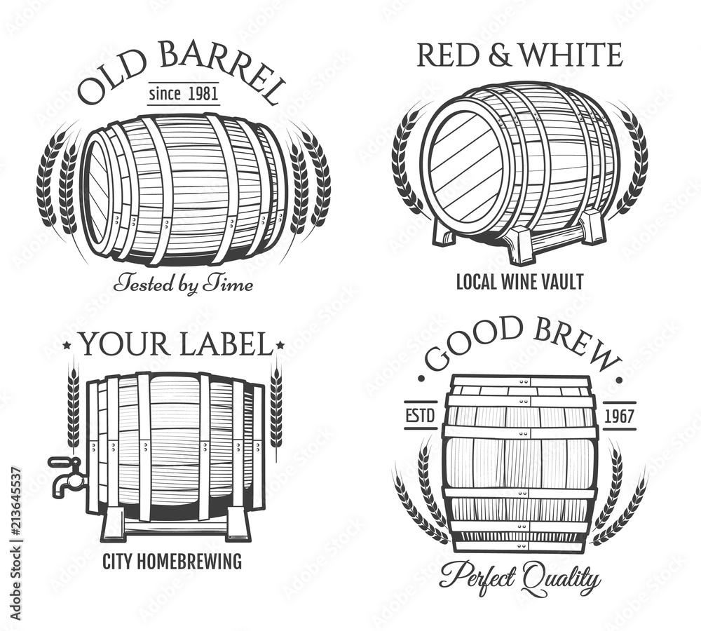 Barrel retro emblems. Vector old barrels kegs logo set, vintage wooden ...