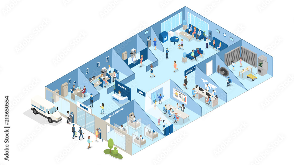 Bank interior isometric Stock Vector | Adobe Stock