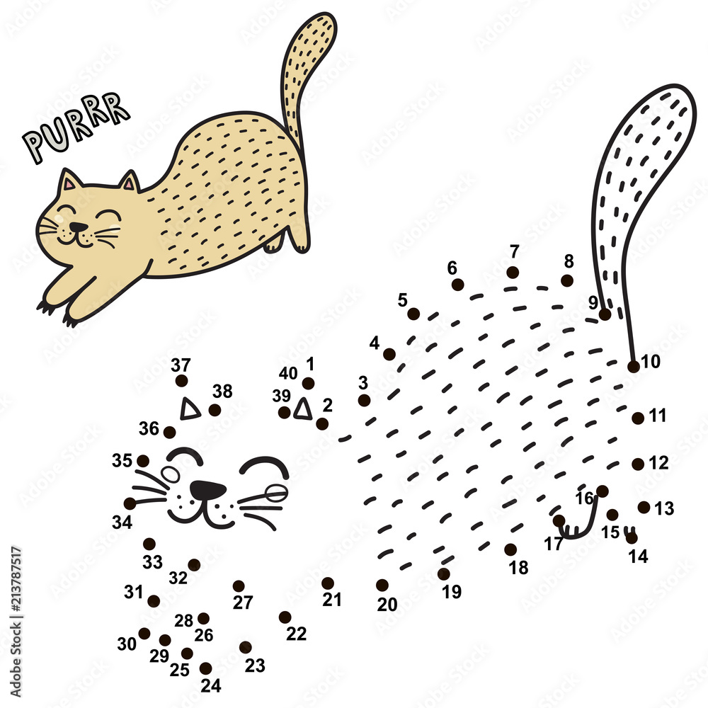 Connect the dots and draw a cute purring cat. Numbers game for children ...