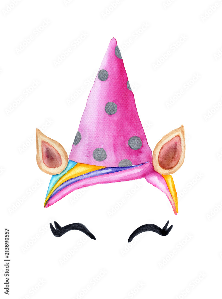 A fairytale unicorn with a party hat. Watercolor illustration isolated ...