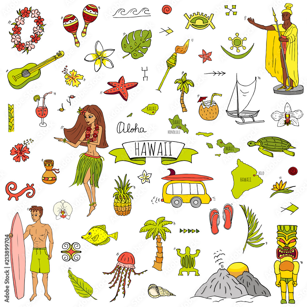 Vetor Hand drawn doodle Hawaii icons set Vector illustration isolated ...