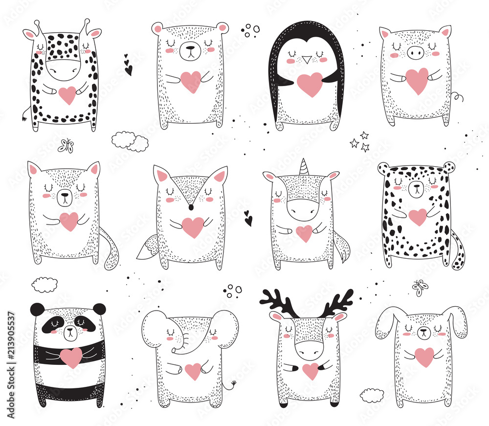 Vector line drawing collection of animals. Doodle illustration Stock ...