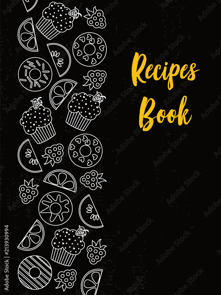 Recipes book cover typography poster template, text and food symbols ...