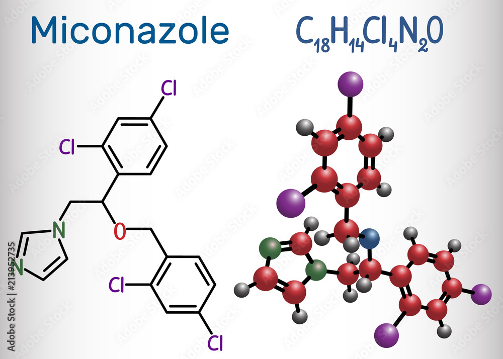 Miconazole molecule. It is an antifungal medication used to treat ring ...