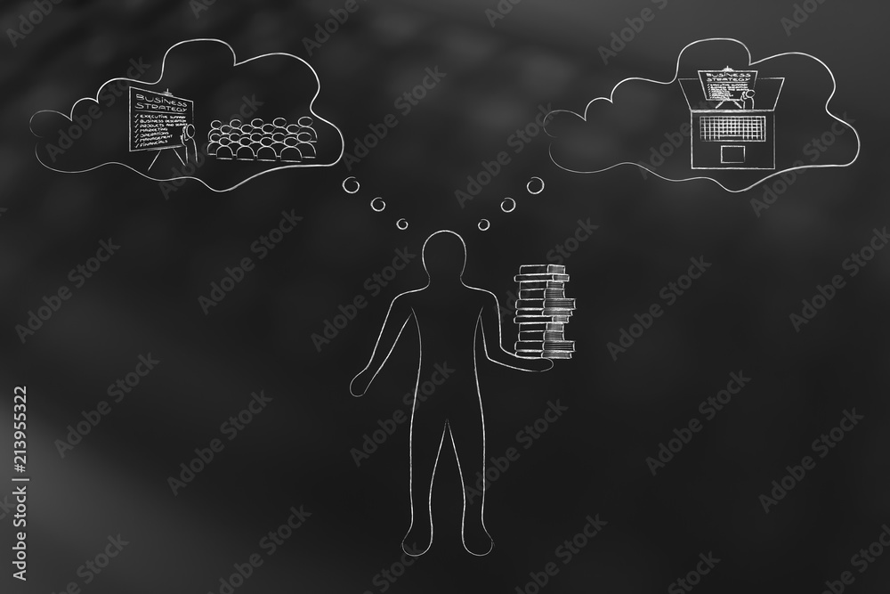 speaker thinking about the alternatives of conference room vs online ...