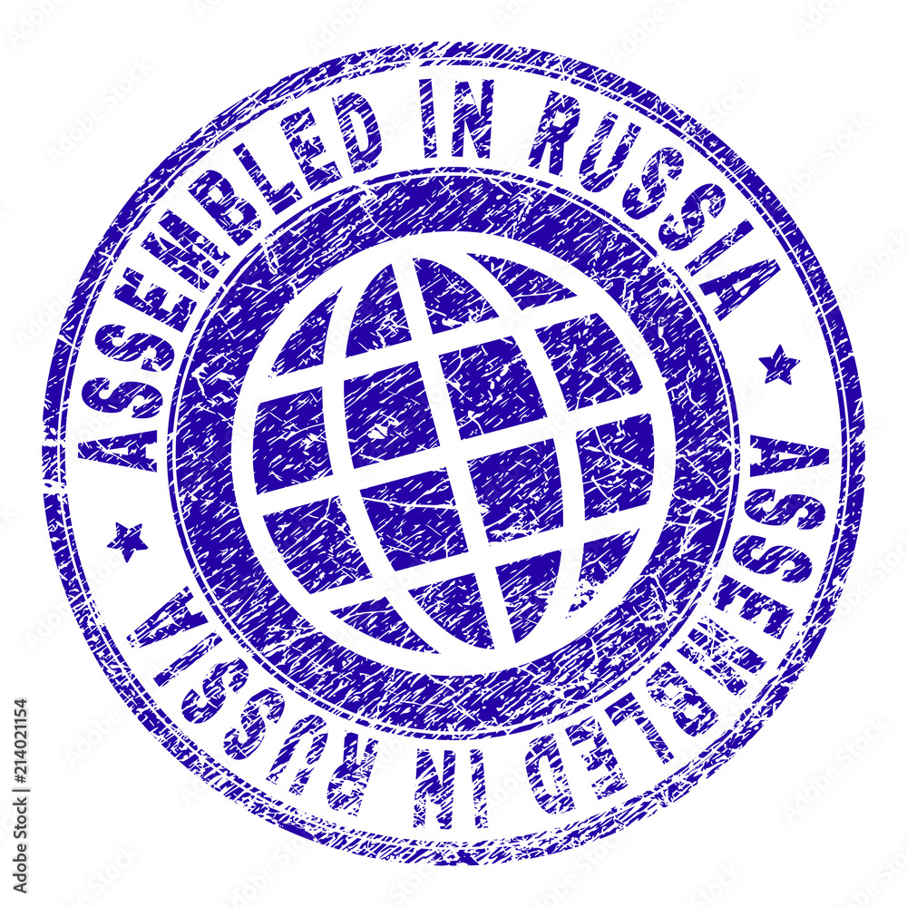 ASSEMBLED IN RUSSIA stamp watermark with distress texture. Blue vector ...