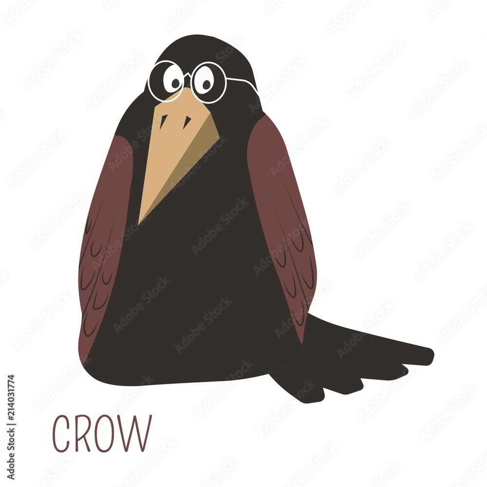 Crow in glasses childish cartoon book character Stock Vector | Adobe Stock