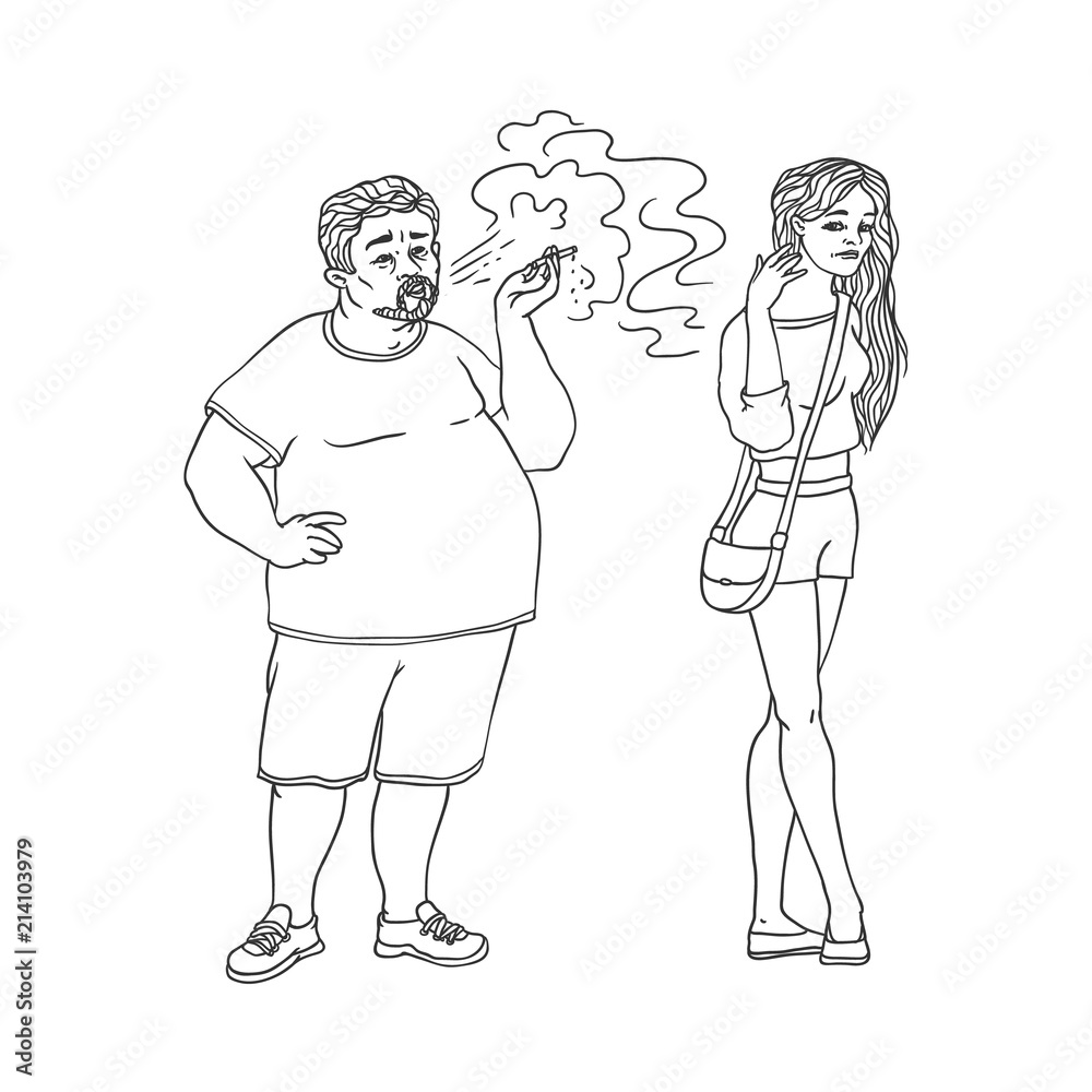 Obese adult overweight man smoking, female character, woman irritated ...