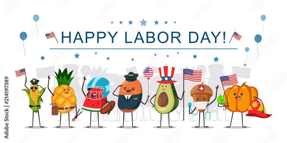 Happy Labor Day concept illustration with funny fruits and vegetables ...