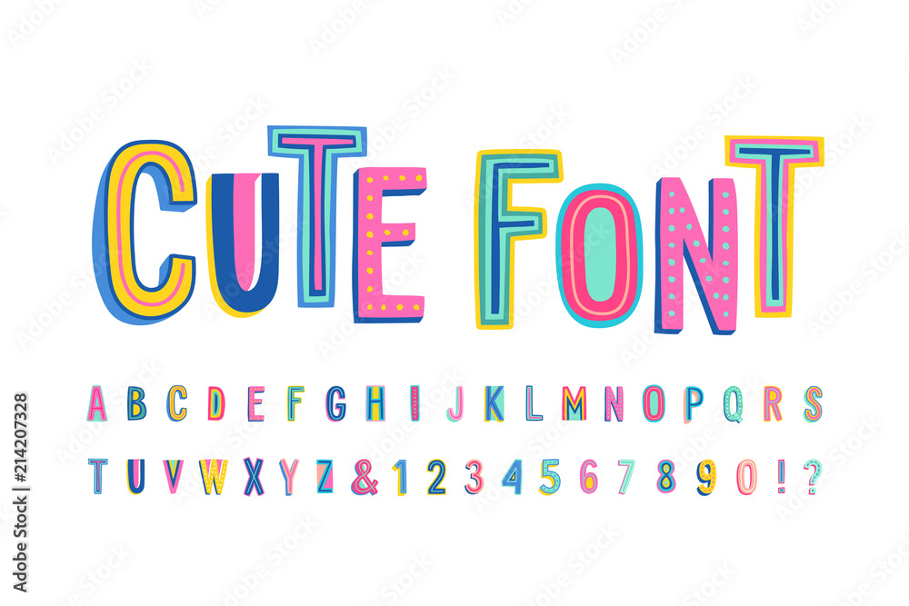 Uppercase cute alphabet font. Letters, numbers and symbols. Vector ...