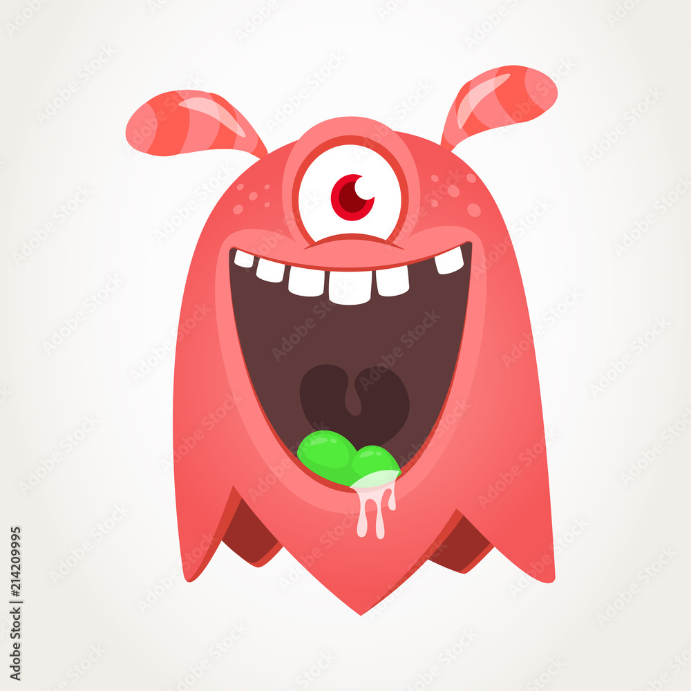 Cute cartoon monster with horns and one eye. Smiling monster emotion ...