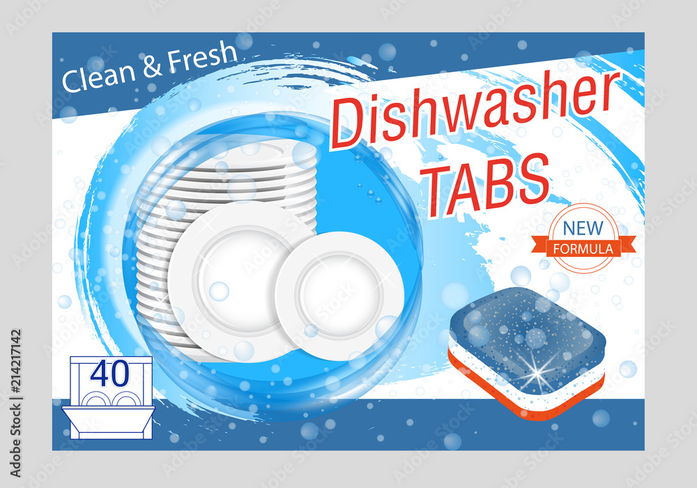 Dishwasher detergent tabs. Realistic illustration with plates in water ...
