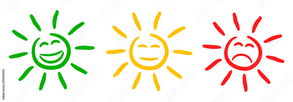 Three colored sun smilies, set smiley emotion, by smilies, cartoon ...