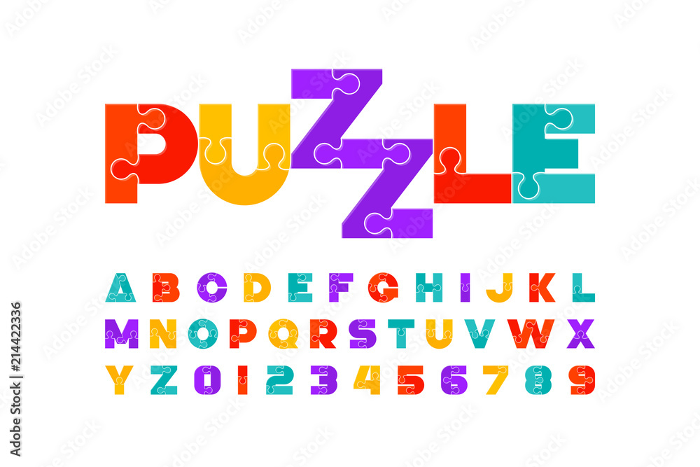 Puzzle font, colorful jigsaw puzzle alphabet letters and numbers Stock ...