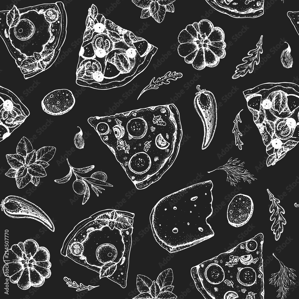 Pizza seamless pattern. Hand drawn menu background with pizza and ...