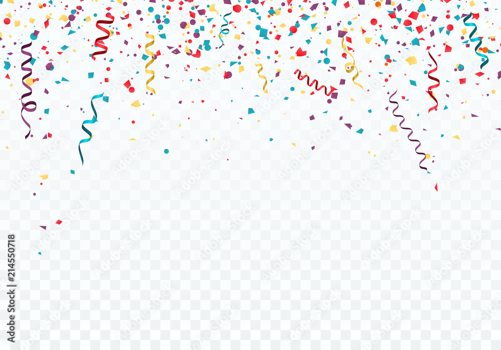 Celebration or festival background template with falling confetti and ...
