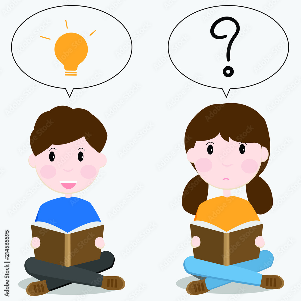 Two students boy and girl reading a book with idea bulb and question ...