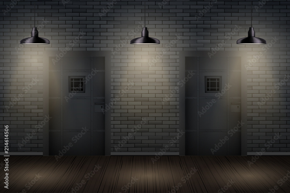 Prison interior with Metal Prison Jail cell doors and pedant lamps ...