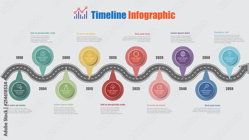 Vector de Stock Road map business timeline infographic with 10 step ...