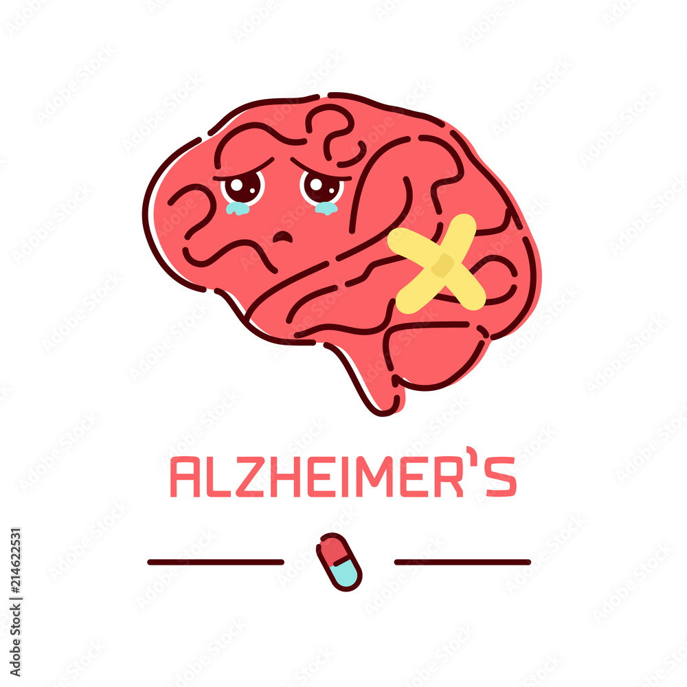 Alzheimer's disease poster. Cute unhealthy sad brain symbol in cartoon ...