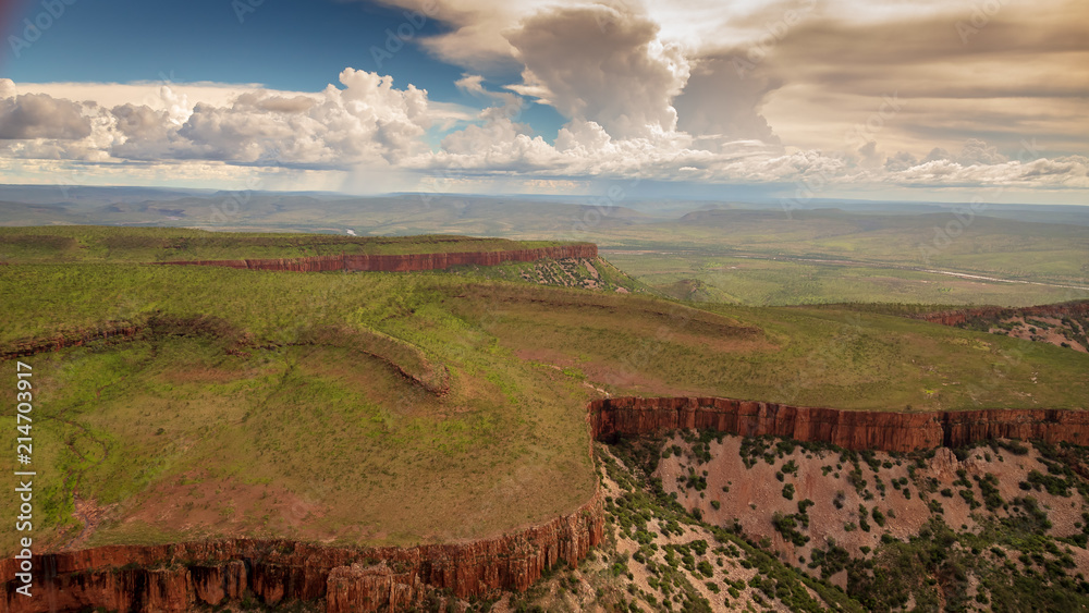 Wide angle aerial view of the iconic cliffs and high plateau of the ...