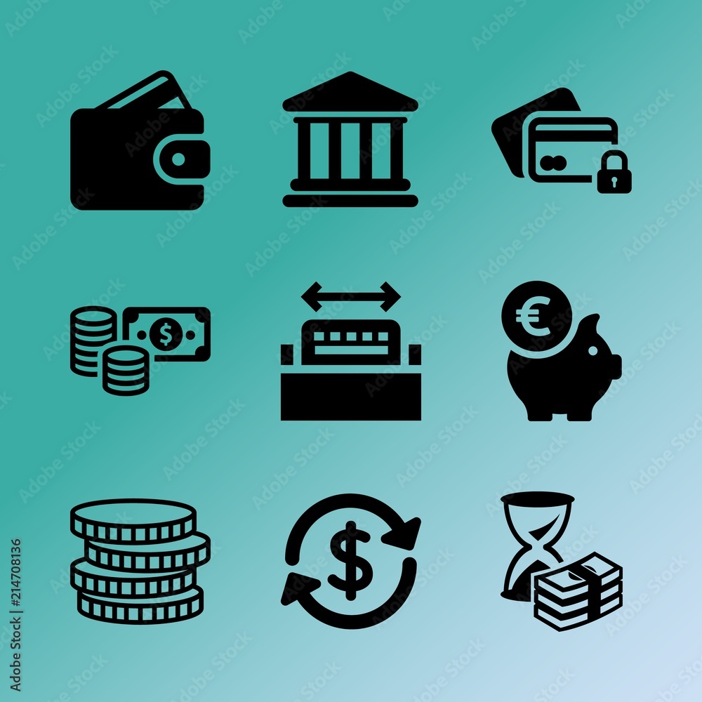 Vector icon set about bank with 9 icons related to internet, paying ...