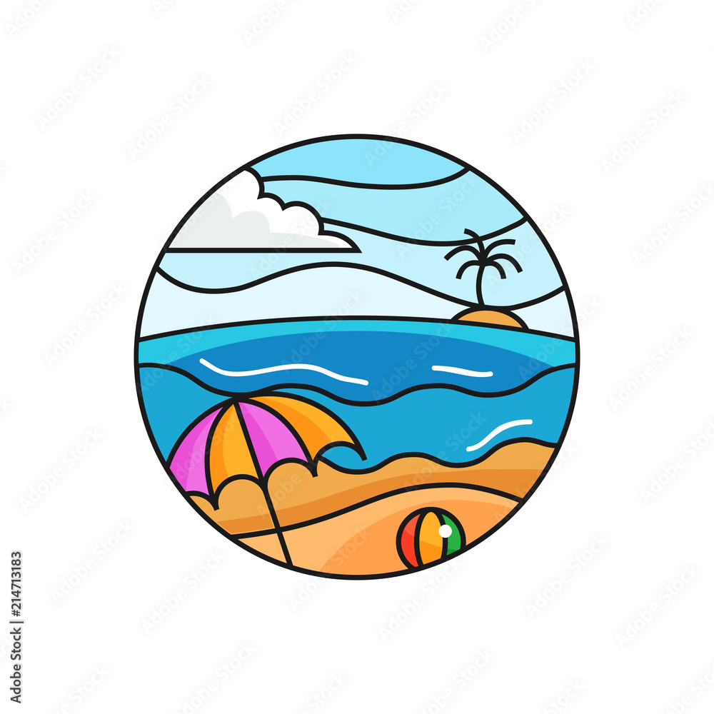Bach logo badge. sunny weather beach holiday scene illustration with ...