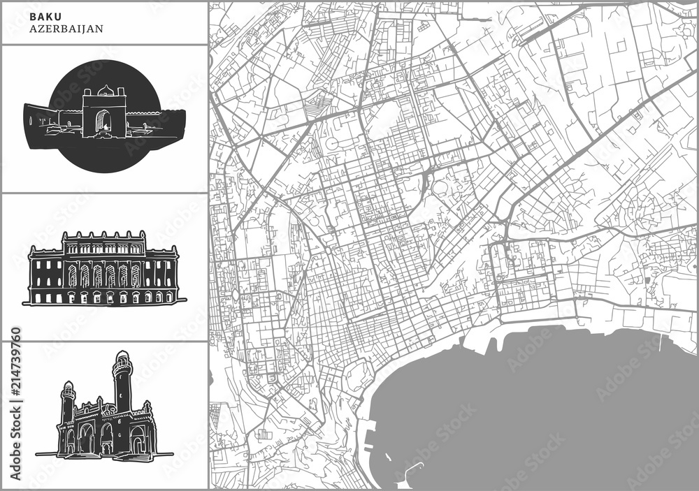 Baku city map with hand-drawn architecture icons Stock Vector | Adobe Stock