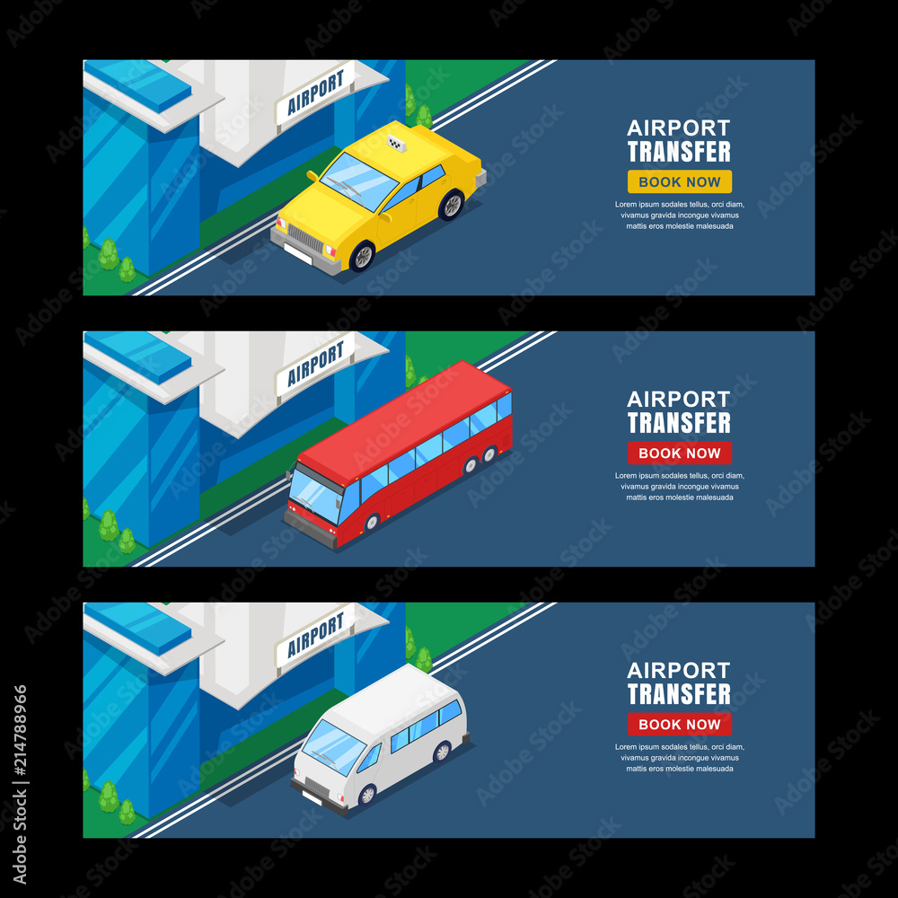 Airport transfer, vector isometric 3D illustration. Horizontal banner ...