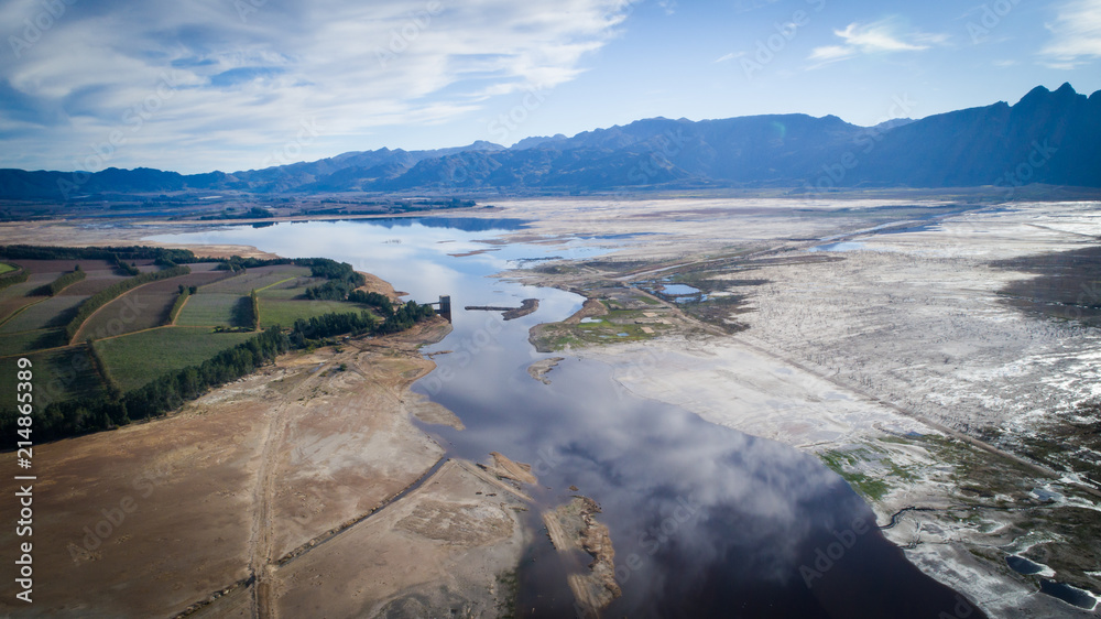 Aerial image over a very dry Theewaterskloof dam during the worst ...