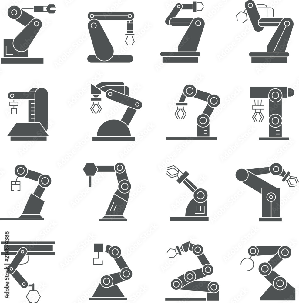 robot icons set, robotic arm in manufacturing process icons Stock ...