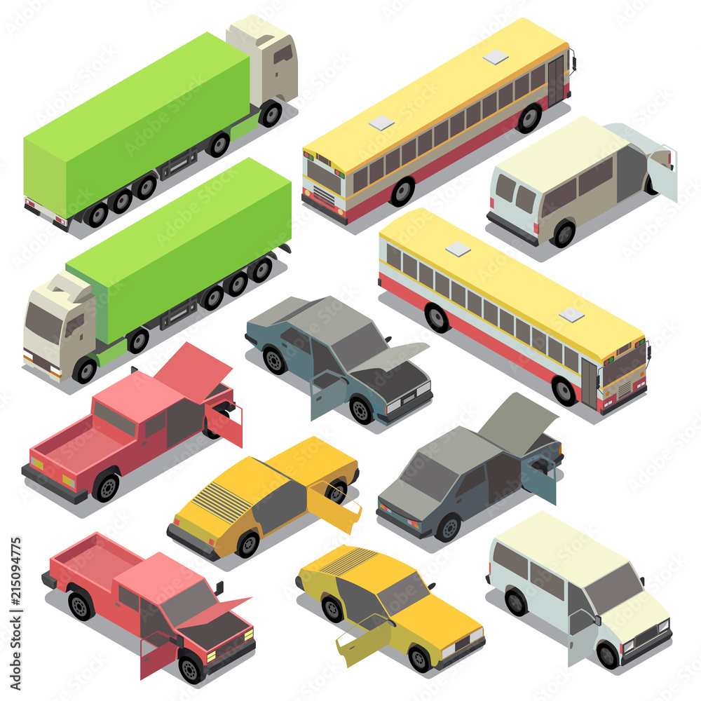 Vector set of isometric urban transportation. Cars with open doors ...