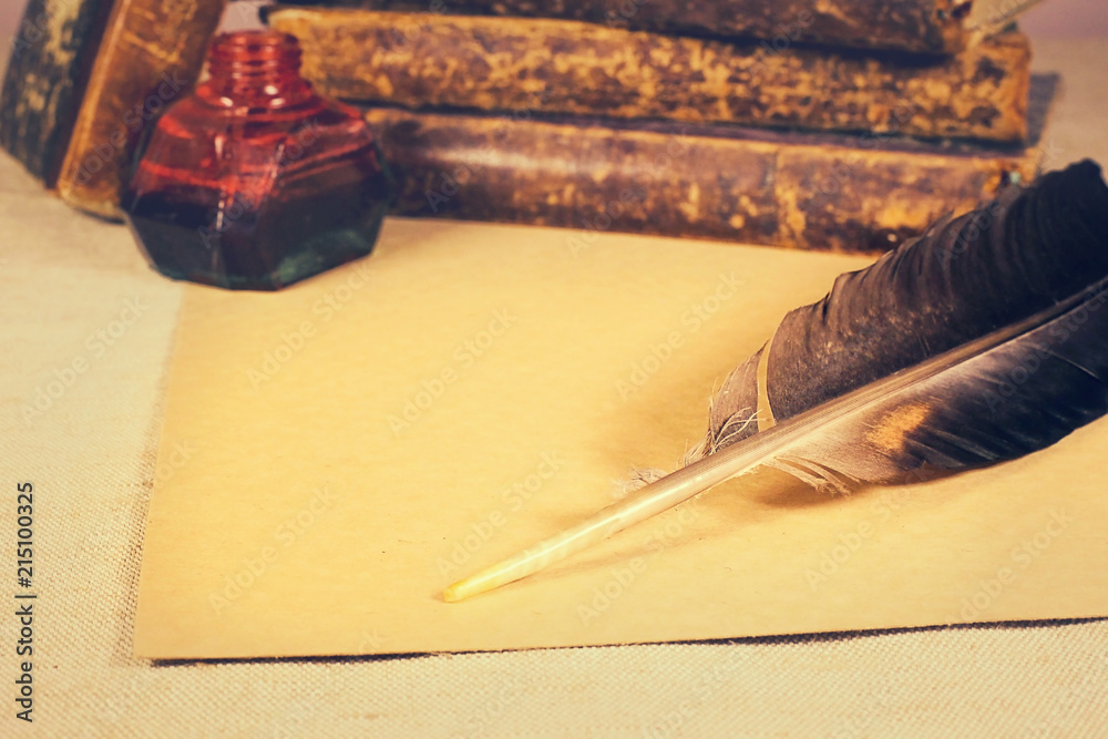 old vintage antique feather pen paper texture letter. Inkwell with ink ...