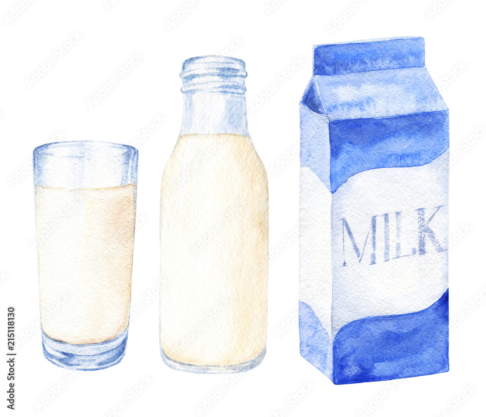 Hand drawn watercolor milk set, glass, bottle and carton. Realistic ...