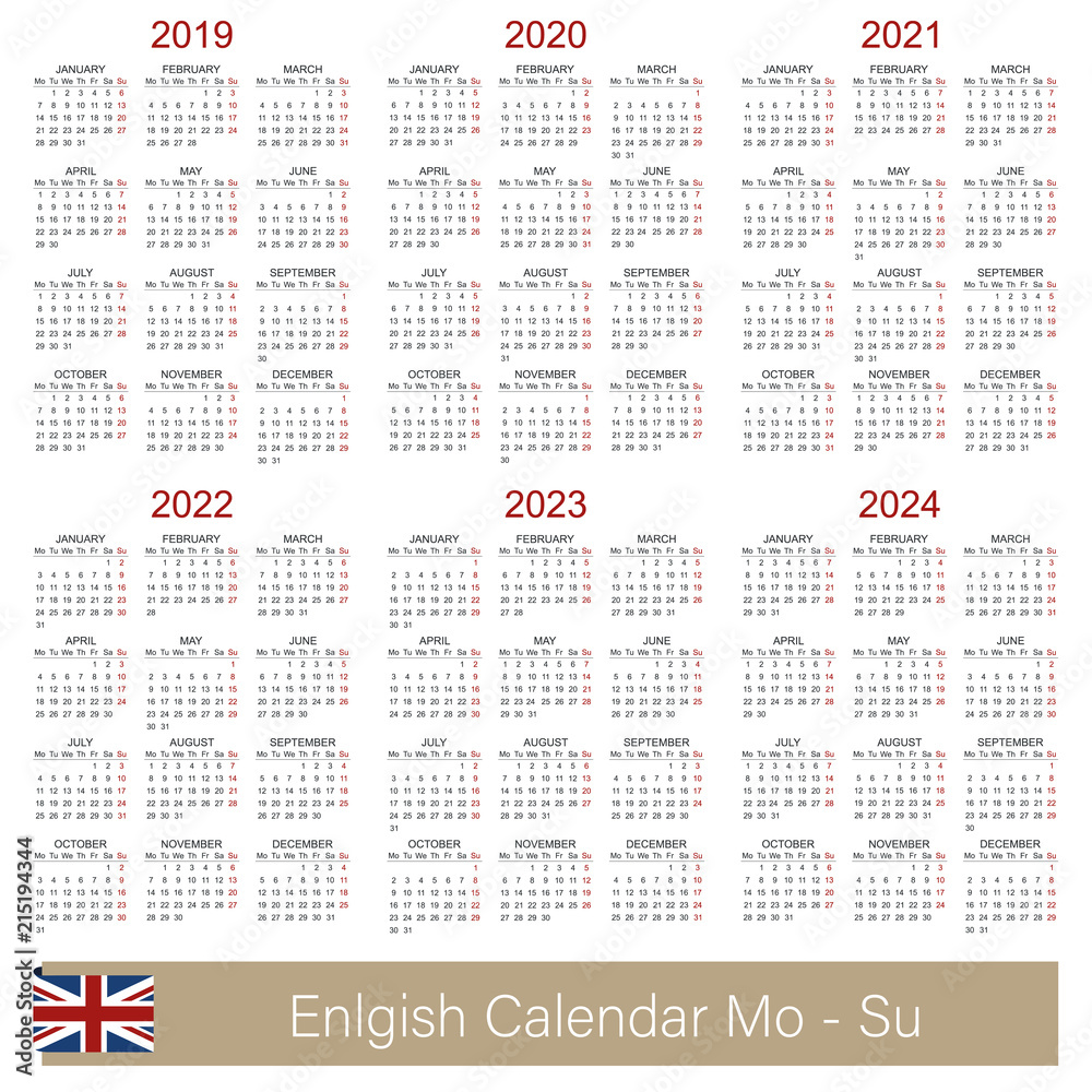 Calendar 2019-2024 / English calendar 2019 - 2024, week starts on ...