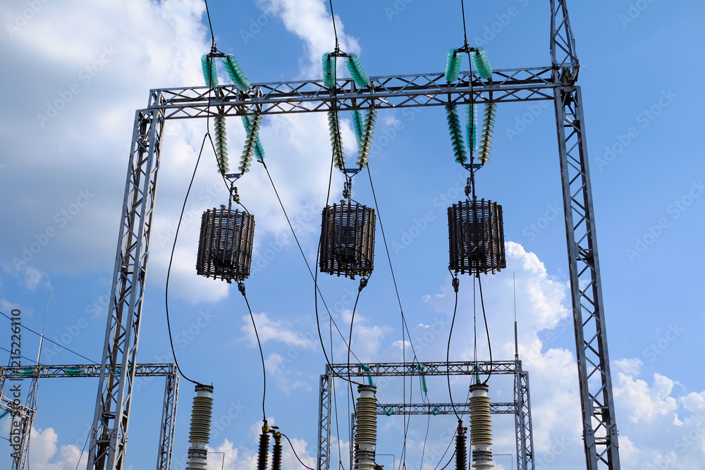 High voltage circuit breaker in a power substation Stock Photo | Adobe ...