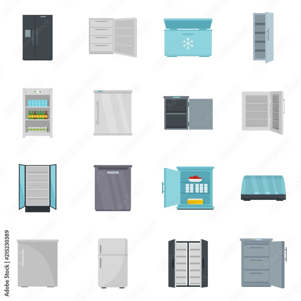 Freezer fridge frozen ice icons set. Flat illustration of 16 freezer ...