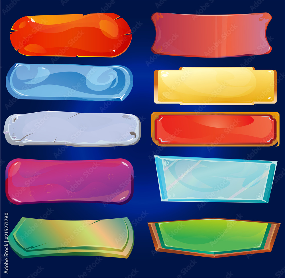 Set of game buttons. Different cartoon button designs for games, apps ...