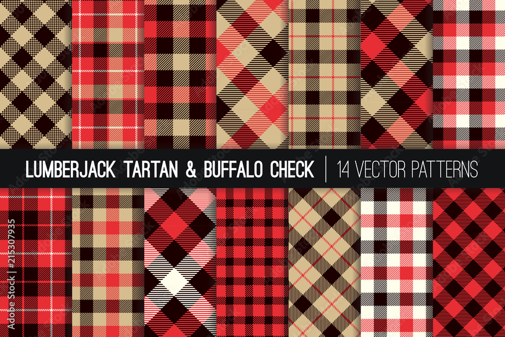 Lumberjack Tartan and Buffalo Check Plaid Seamless Vector Patterns. Tan ...