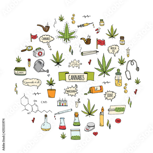 Hand Drawn Doodle Cannabis Icons Set Vector Illustration Sketchy