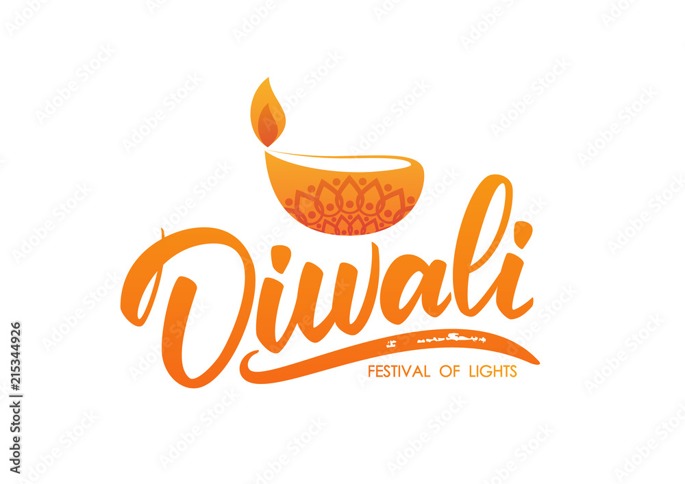 Happy Diwali. Greeting type with oil lamp and flame. Handwritten ...