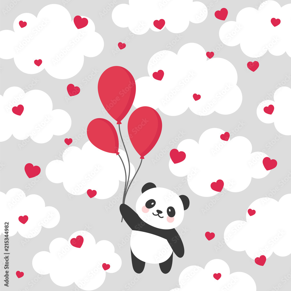 Panda vector print, baby shower card. hello panda with balloon cartoon ...