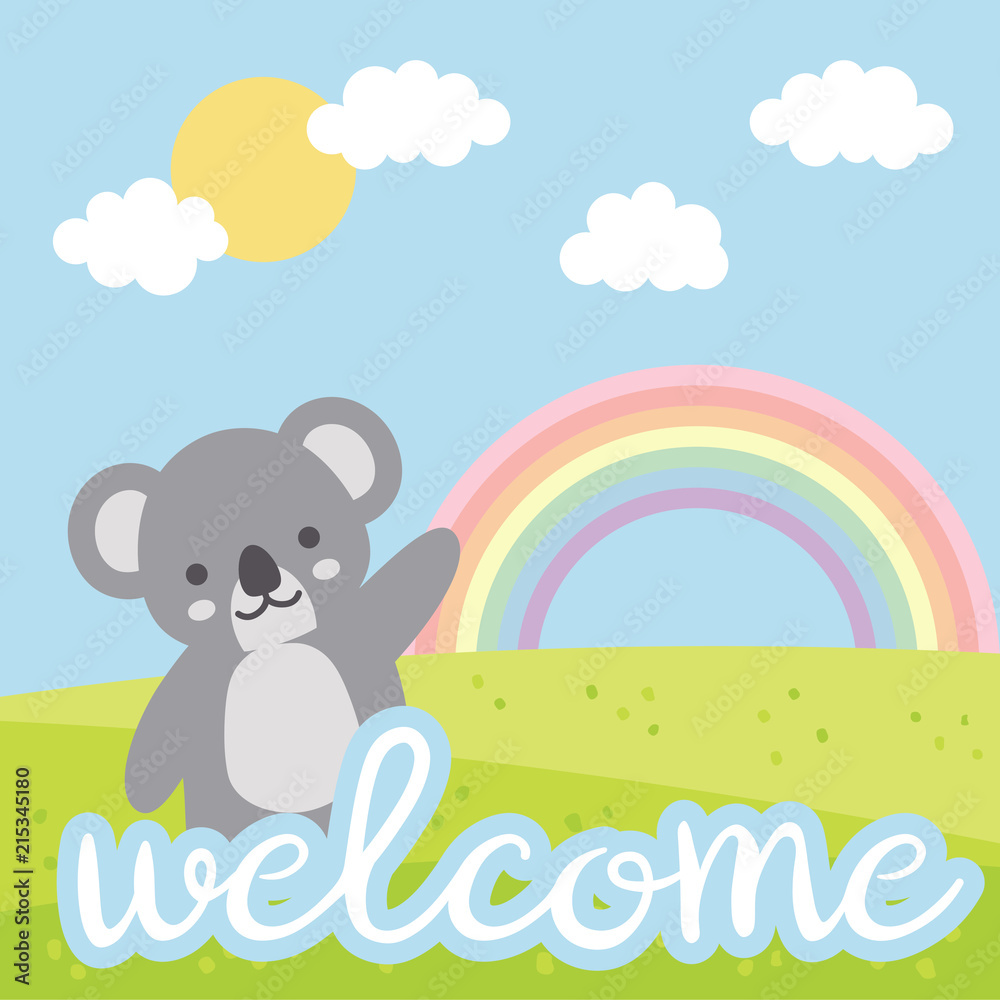 Koala vector print, baby shower card. hello koala with balloon cartoon ...