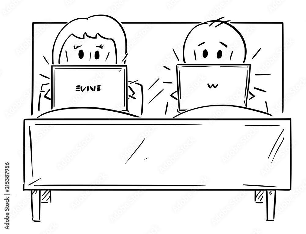 Cartoon stick drawing conceptual illustration of couple in bed, both ...