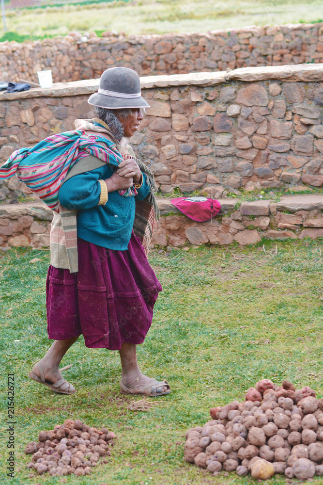 Old age woman wearing traditional aymara clothes works with the ...