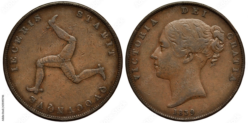 Isle of Man, Manx coin 1 one penny 1839, triskelion (triple leg), motto ...