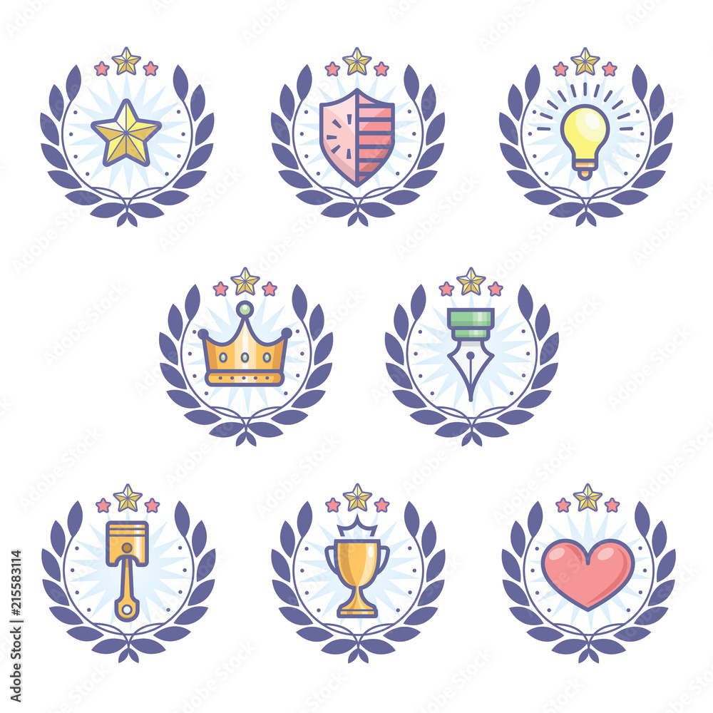 Achievement badges for awards or applications. Set of soft colour ...
