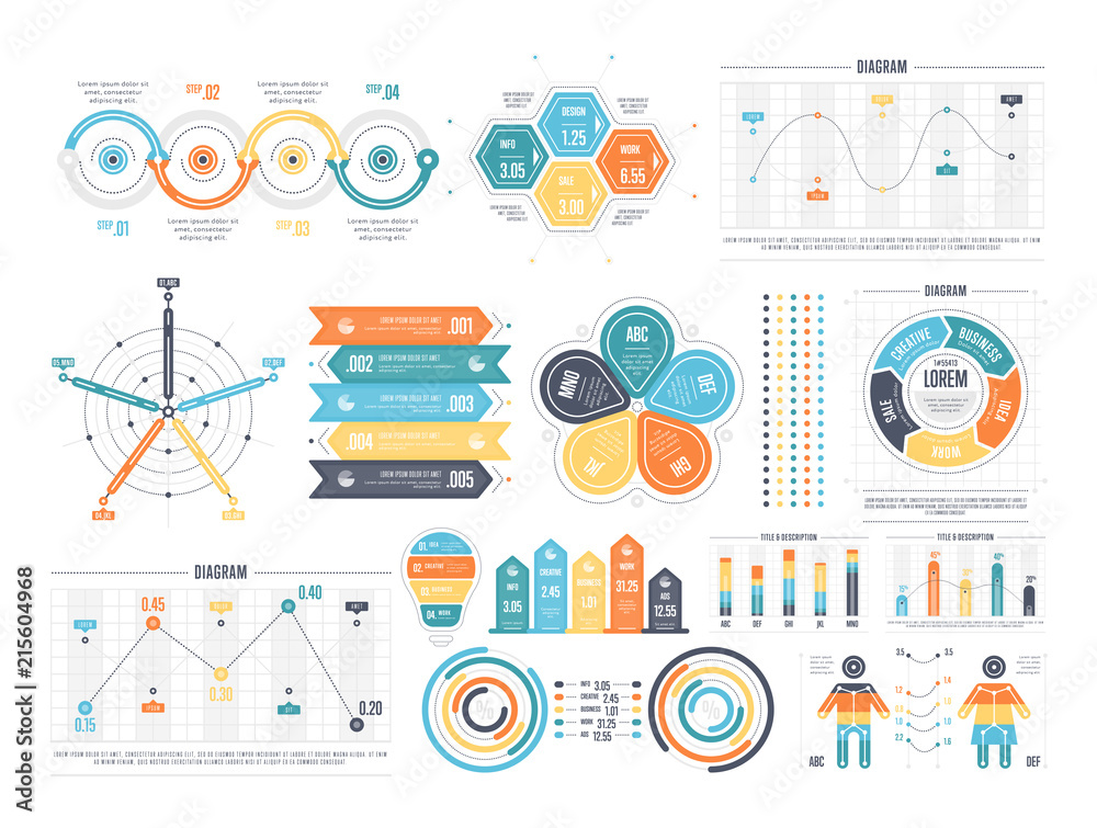 Colorful vector set of various diagrams and charts for infographic ...