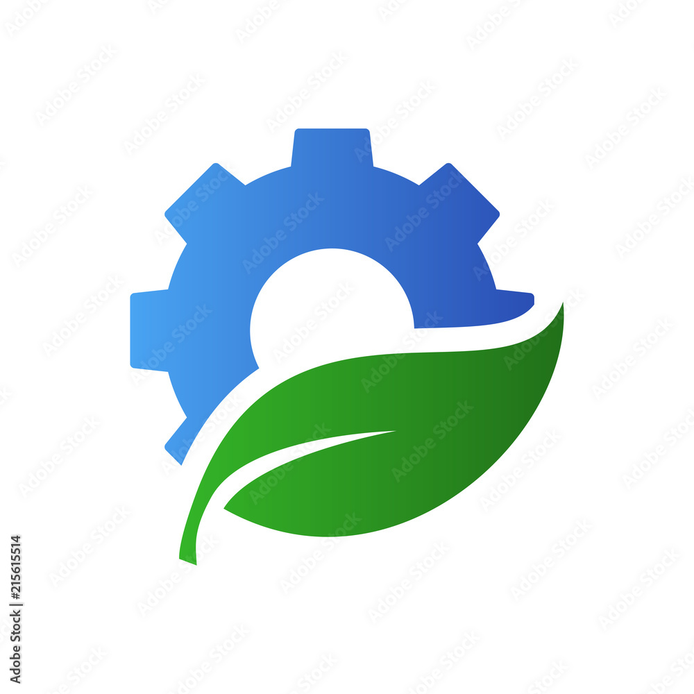 Icono plano engranaje con hoja en azul y verde Stock Vector | Adobe Stock