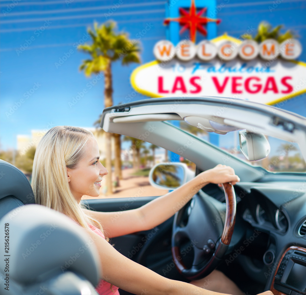 travel, road trip and people concept - happy young woman driving ...